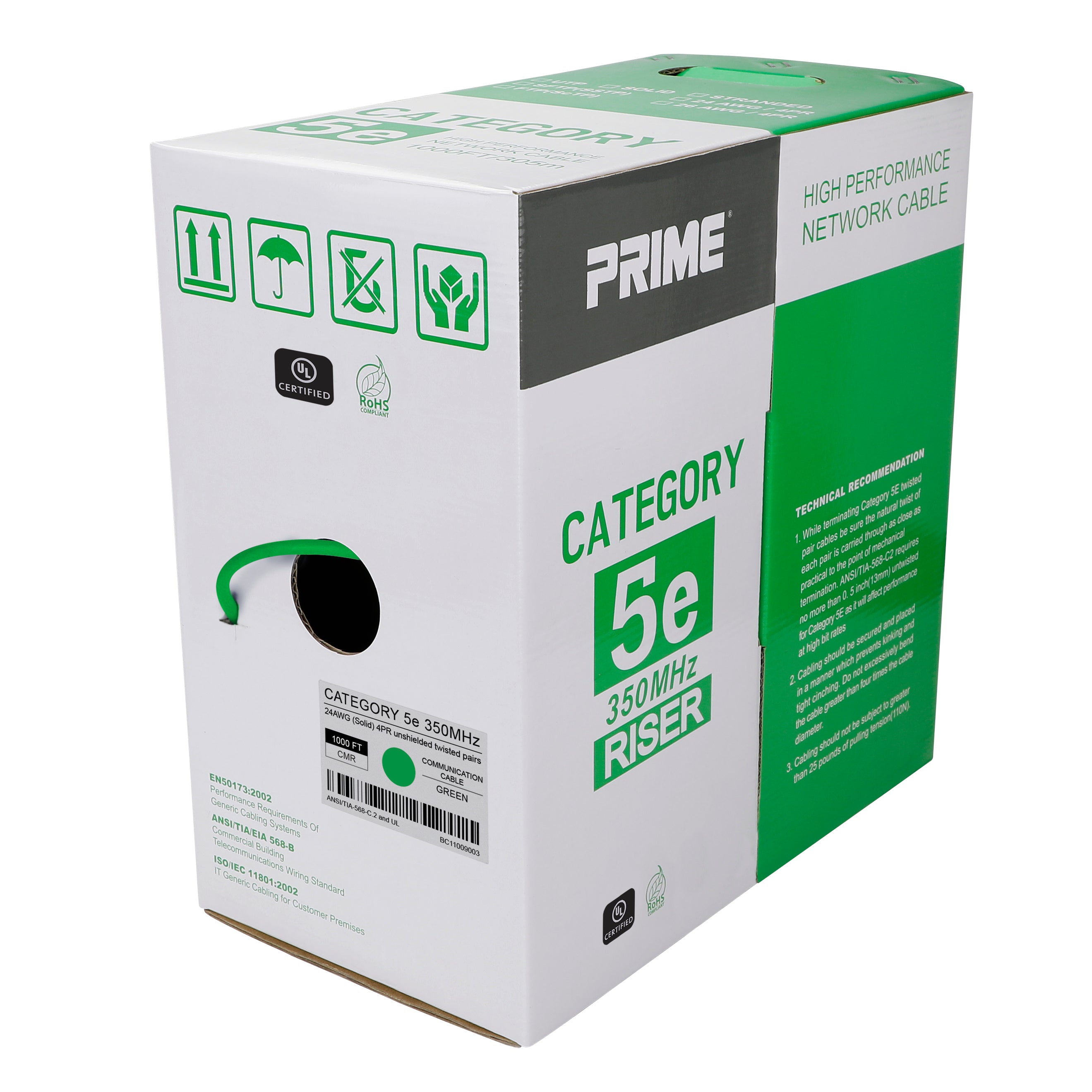 Cat5e UTP 24AWG Solid CMR Bulk Cable, 1000ft, Green (UL) — Prime Structured Cable